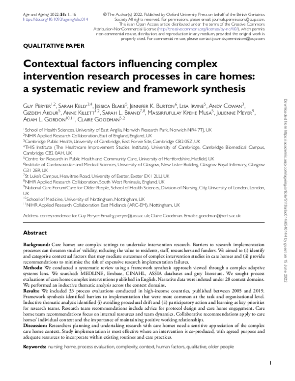 (PDF) Contextual factors influencing complex intervention research processes in care homes: a ...
