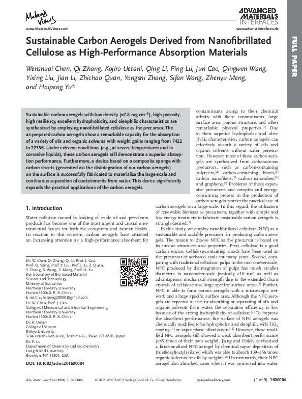(PDF) Sustainable Carbon Aerogels Derived from Nanofibrillated Cellulose as High-Performance ...