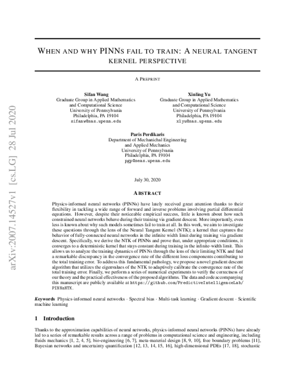 (PDF) When and why PINNs fail to train: A neural tangent kernel perspective