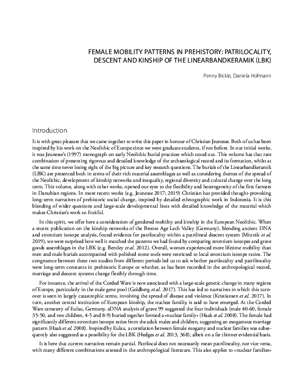 (PDF) FEMALE MOBILITY PATTERNS IN PREHISTORY: PATRILOCALITY, DESCENT ...