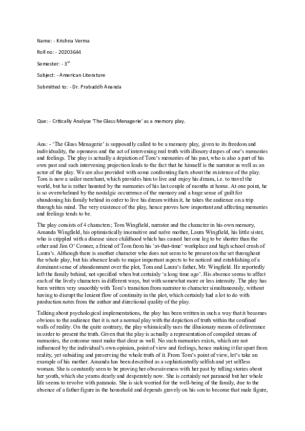 (DOC) Glass Menagerie as Memory Play