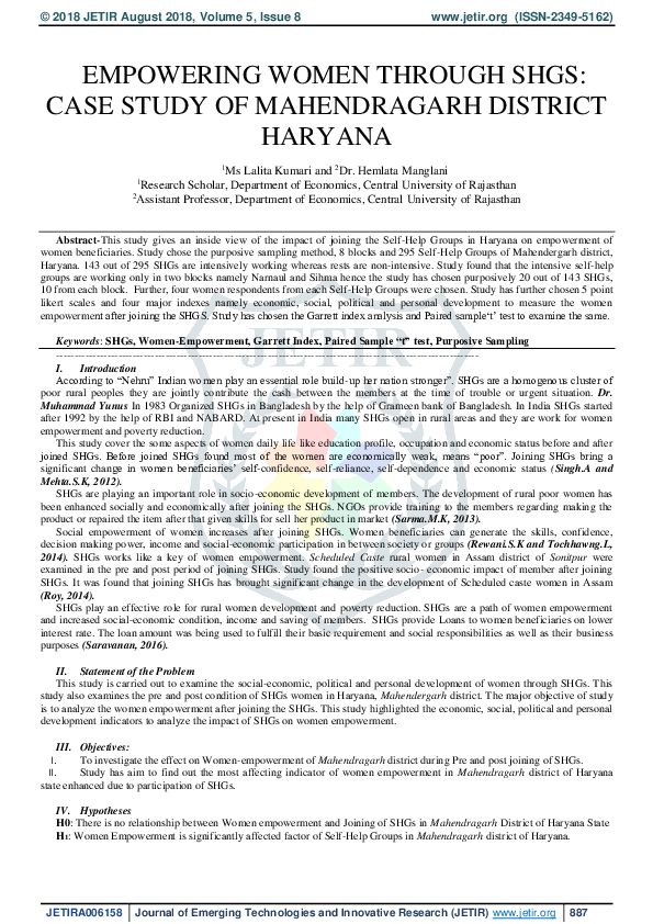 (PDF) Empowering Women Through SHGS: Case Study of Mahendragarh District Haryana