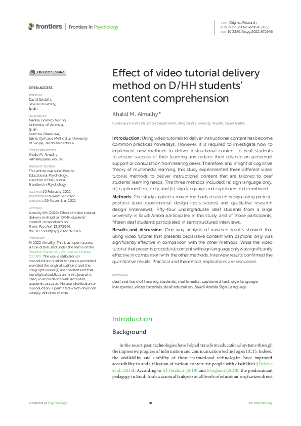 (PDF) Effect of video tutorial delivery method on D/HH students ...