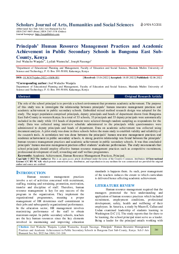 Pdf Principals Human Resource Management Practices And Academic Achievement In Public