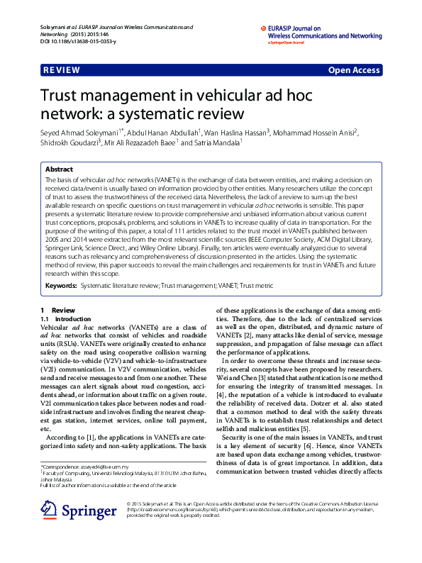 (PDF) Trust management in vehicular ad hoc network: a systematic review