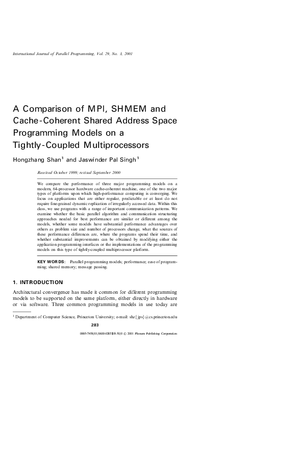 (PDF) A Comparison of MPI, SHMEM and Cache-Coherent Shared Address Space Programming Models on a ...