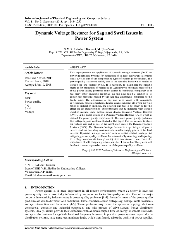 (PDF) Dynamic Voltage Restorer for Sag and Swell Issues in Power System