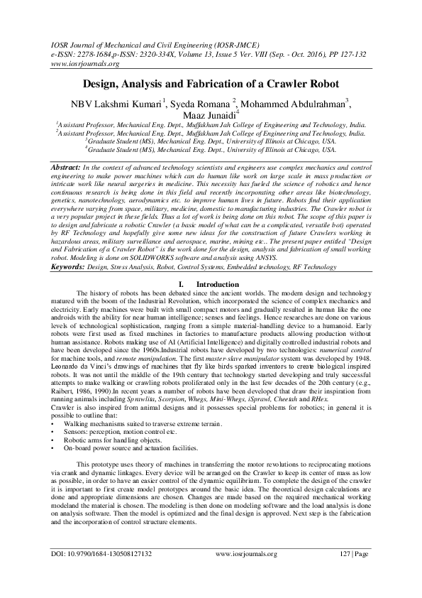 (PDF) Design , Analysis and Fabrication of a Crawler Robot NBV ...