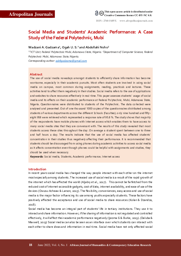 (PDF) Social Media and Students' Academic Performance: A Case Study of the Federal Polytechnic, Mubi