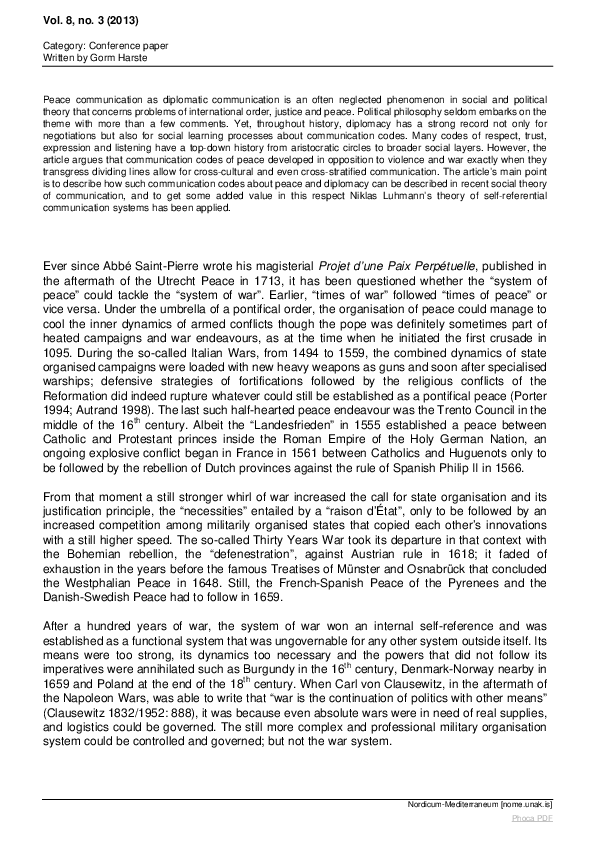 (PDF) The Peace System – As a Self-referential Communication System