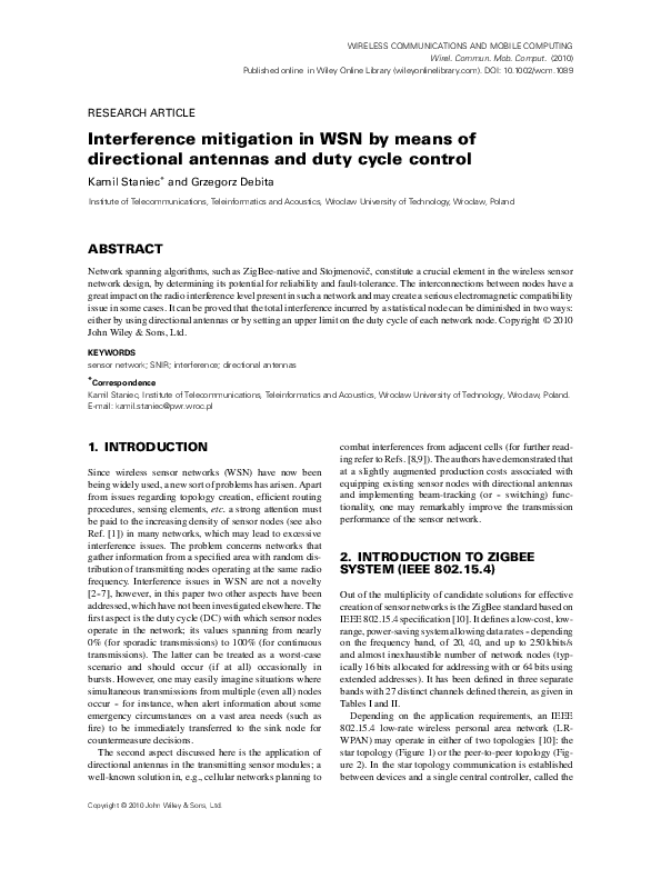 (PDF) Interference mitigation in WSN by means of directional antennas and duty cycle control ...
