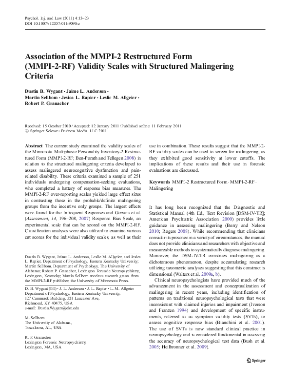 (PDF) Association of the MMPI-2 Restructured Form (MMPI-2-RF) Validity ...
