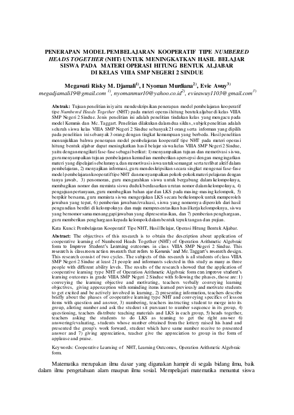 (PDF) Penerapan Model Pembelajaran Kooperatif Tipe Numbered Heads Together (NHT) Untuk ...