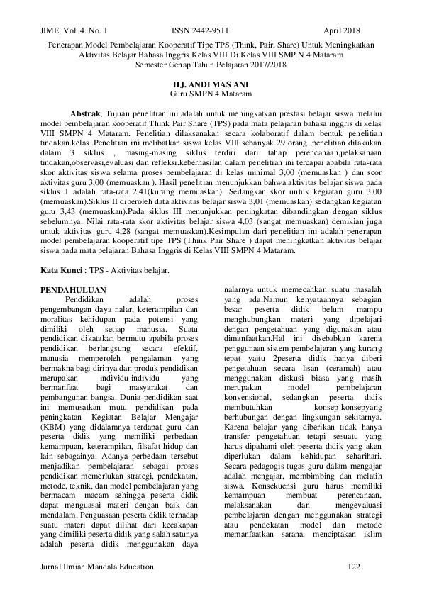 (PDF) Penerapan Model Pembelajaran Kooperatif Tipe TPS (Think, Pair ...