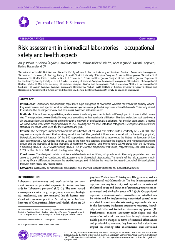 (PDF) Risk assessment in biomedical laboratories -occupational safety ...
