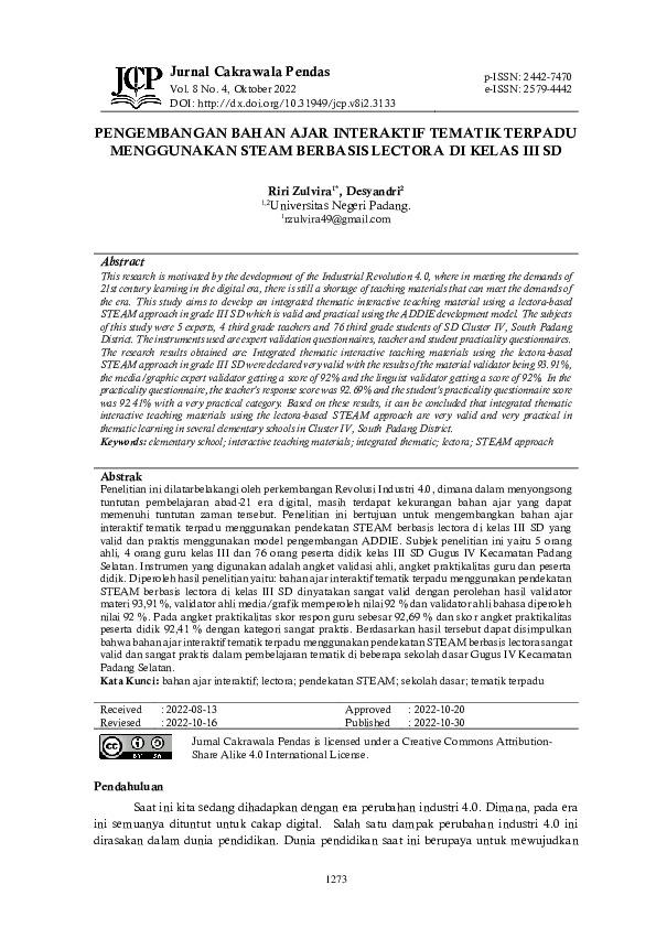 (PDF) Pengembangan Bahan Ajar Interaktif Tematik Terpadu Menggunakan Steam Berbasis Lectora DI ...