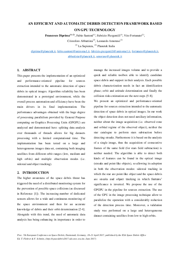 Pdf Efficient And Automatic Image Reduction Framework For Space Debris Detection Based On Gpu