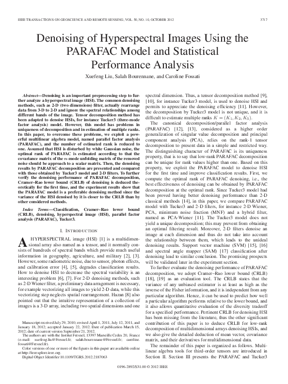 (PDF) Denoising of Hyperspectral Images Using the PARAFAC Model and Statistical Performance Analysis