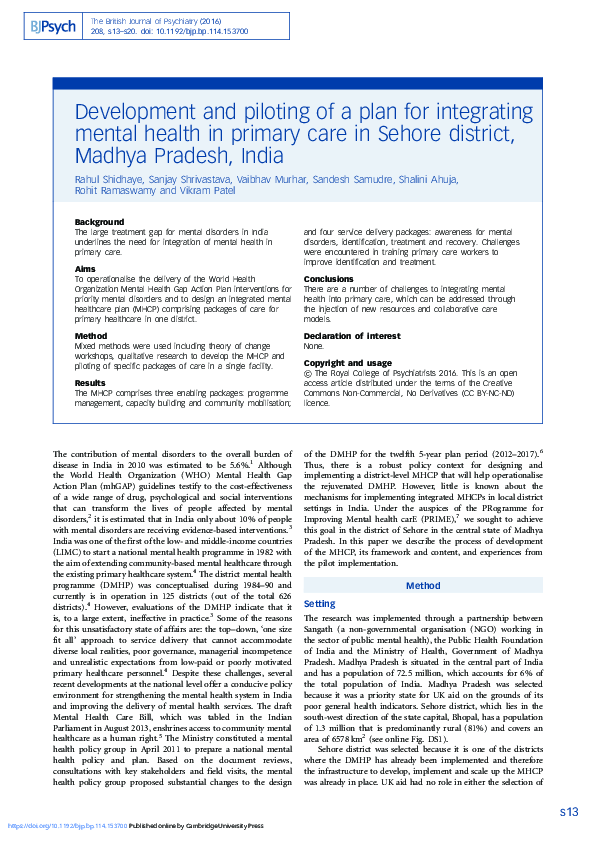 (PDF) Development and piloting of a plan for integrating mental health ...