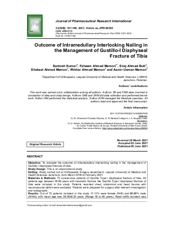 (PDF) Outcome of Intramedullary Interlocking Nailing in the Management of Gustillo-I Diaphyseal ...