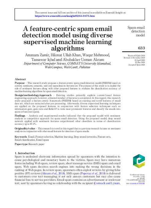 (PDF) A feature-centric spam email detection model using diverse supervised machine learning ...