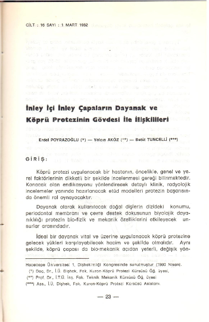 (PDF) İnley içi İnley Çapaların Dayanak ve Köprü Protezinin Gövdesi İle ...