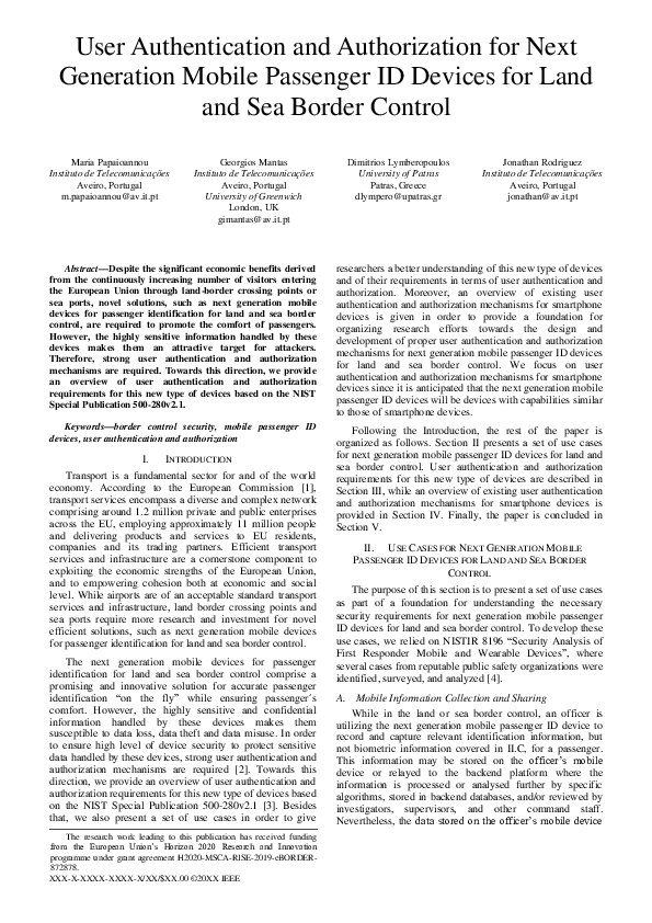 (PDF) User Authentication and Authorization for Next Generation Mobile Passenger ID Devices for ...