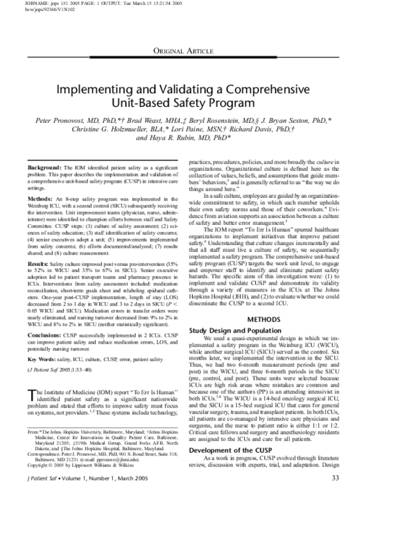 (PDF) Implementing and Validating a Comprehensive Unit-Based Safety Program