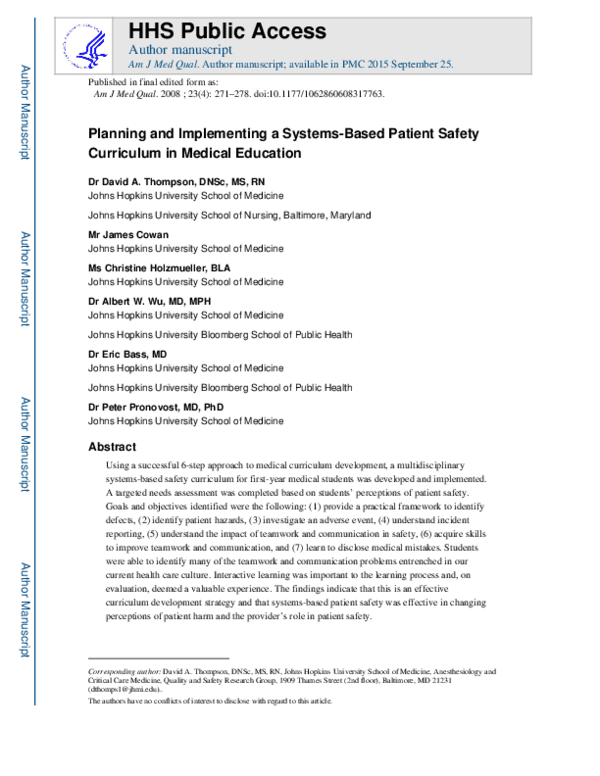 (PDF) Planning and Implementing a Systems-Based Patient Safety ...