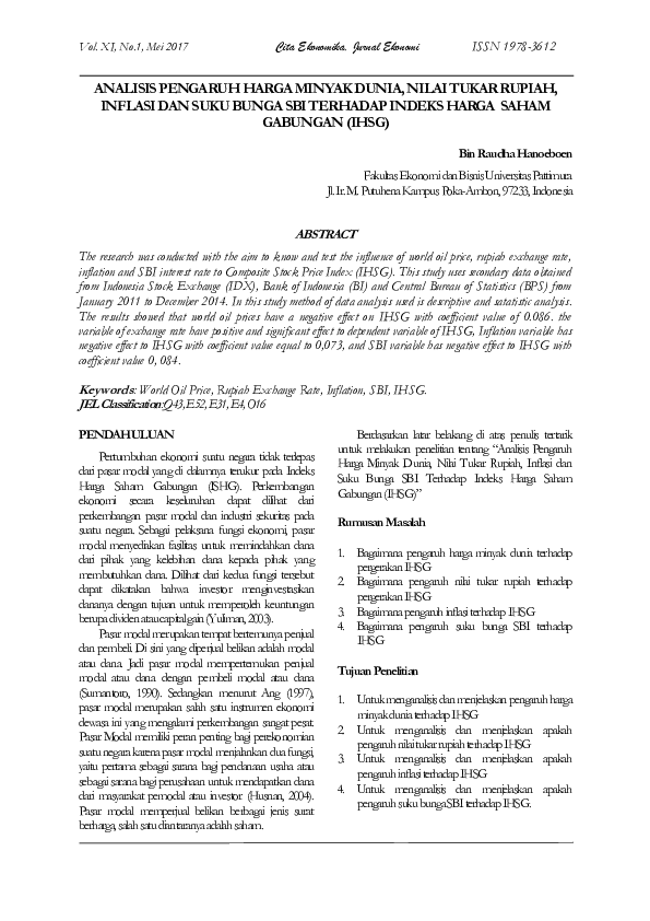 (PDF) Analisis Pengaruh Harga Minyak Dunia, Nilai Tukar Rupiah, Inflasi Dan Suku Bunga Sbi ...