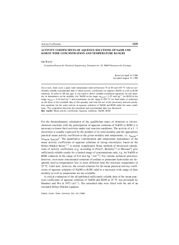 (PDF) Activity Coefficients of Aqueous Solutions of NaOH and KOH in ...