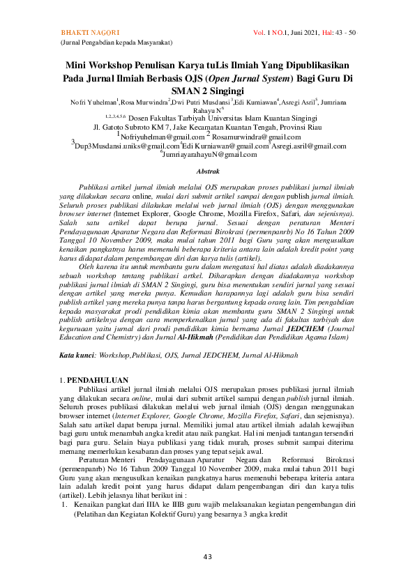 (PDF) Mini Workshop Penulisan Karya tuLis Ilmiah Yang Dipublikasikan Pada Jurnal Ilmiah Berbasis ...