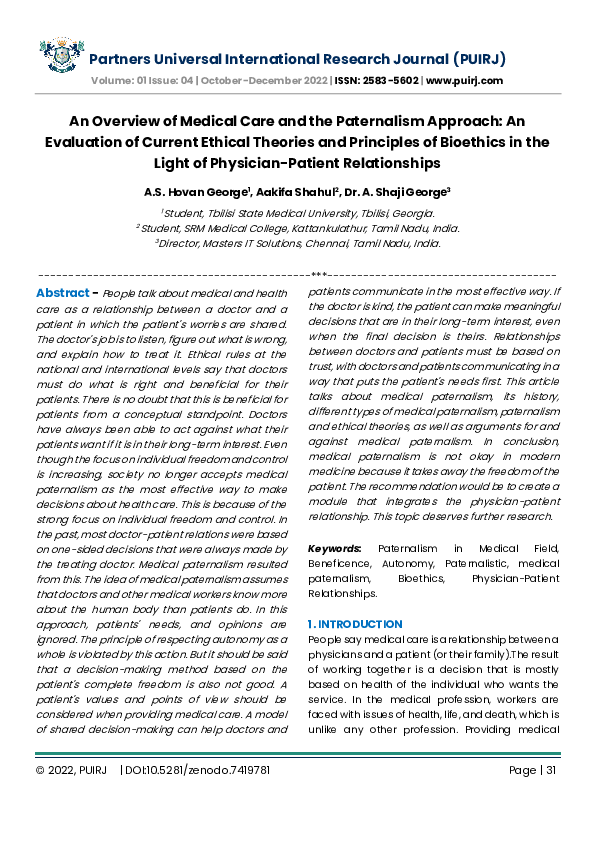 (PDF) An Overview of Medical Care and the Paternalism Approach: An ...