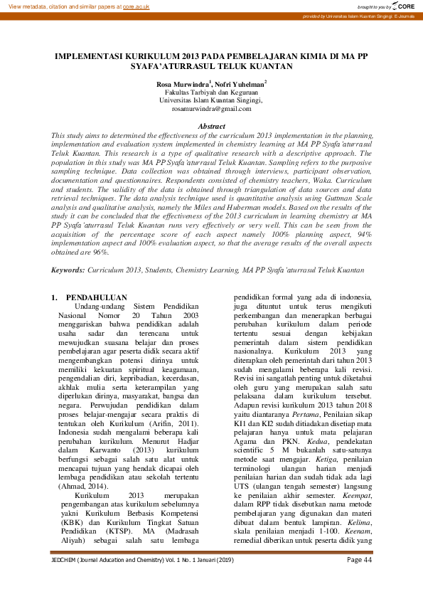 (PDF) Implementasi Kurikulum 2013 pada Pembelajaran Kimia di MA PP Syafa'aturrasul Teluk Kuantan