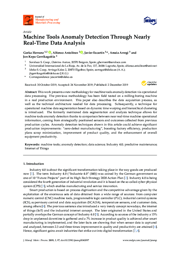 (PDF) Machine Tools Anomaly Detection Through Nearly Real-Time Data Analysis