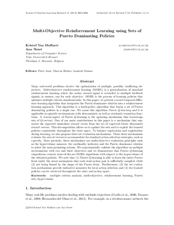 (PDF) Multi-objective reinforcement learning using sets of pareto dominating policies