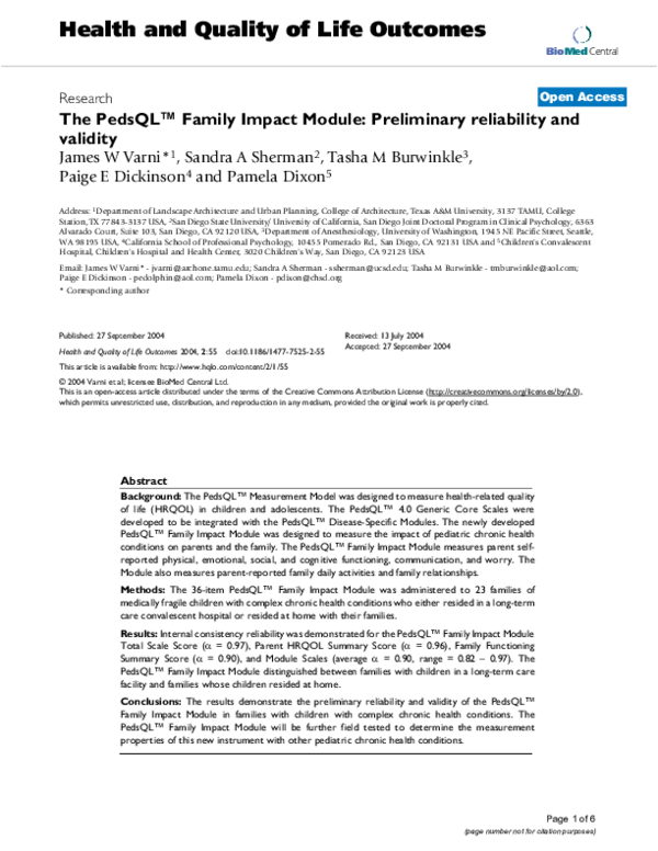 (PDF) The PedsQL Family Impact Module: preliminary reliability and validity