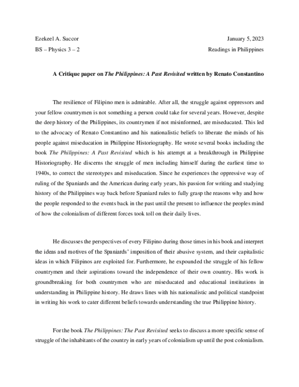 (PDF) Critique paper on The Philippines: A Past Revisited
