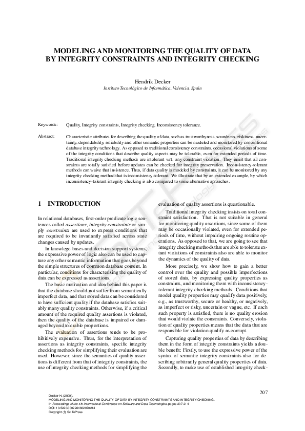 (PDF) Modeling and Monitoring the Quality of Data by Integrity Constraints and Integrity Checking
