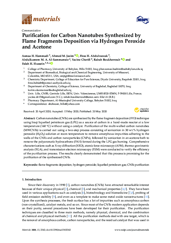 (PDF) Purification for Carbon Nanotubes Synthesized by Flame Fragments ...