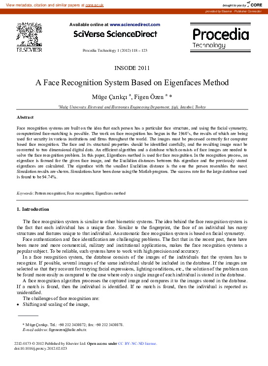 (PDF) A Face Recognition System Based on Eigenfaces Method