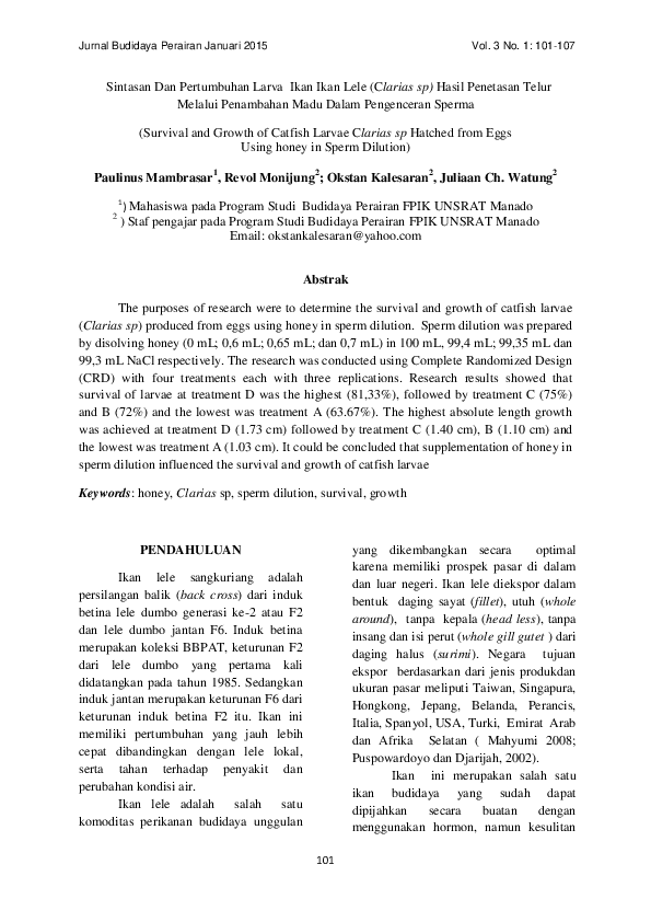 (PDF) Sintasan Dan Pertumbuhan Larva Ikan Ikan Lele (Clarias sp) Hasil ...
