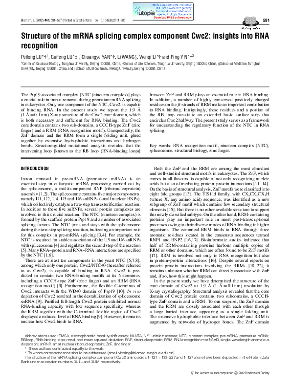 (PDF) Structure of the mRNA splicing complex component Cwc2: insights ...