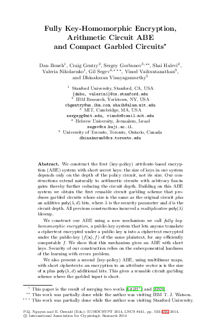 Pdf Fully Key Homomorphic Encryption Arithmetic Circuit Abe And Compact Garbled Circuits