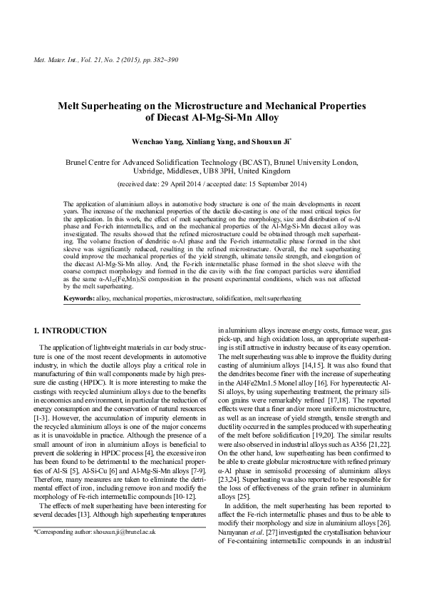 (PDF) Melt superheating on the microstructure and mechanical properties of diecast Al-Mg-Si-Mn alloy