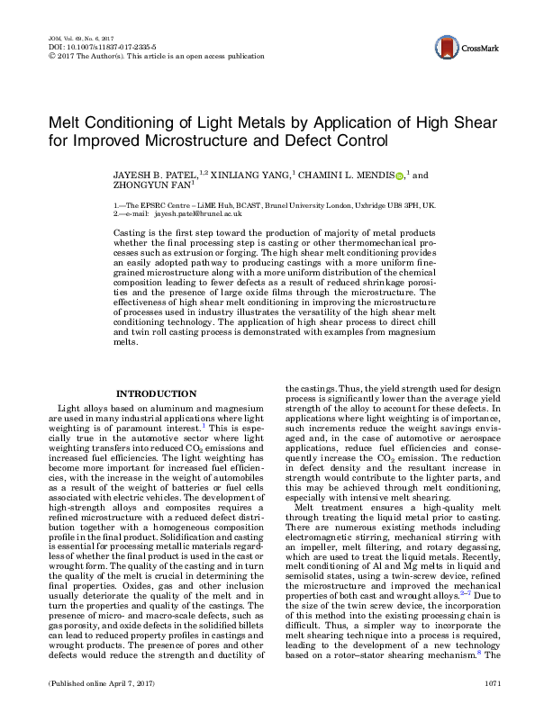 Pdf Melt Conditioning Of Light Metals By Application Of High Shear For Improved Microstructure