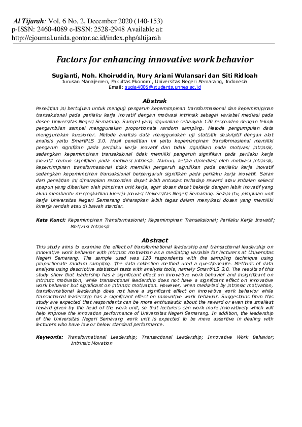 (PDF) Factors for enhancing innovative work behavior