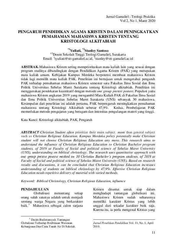 Pdf Pengaruh Pendidikan Agama Kristen Dalam Peningkatkan Pemahaman Mahasiswa Kristen Tentang 