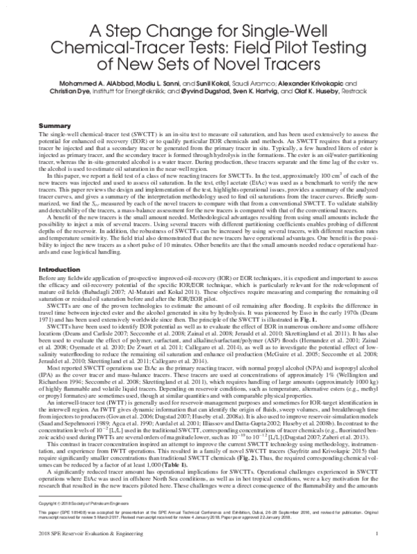(PDF) A Step-Change for Single Well Chemical Tracer Tests (SWCTT ...