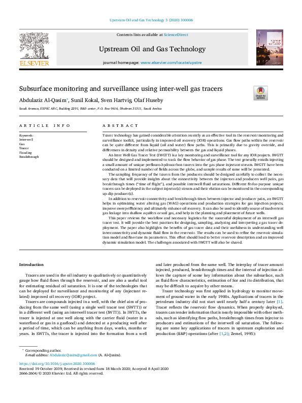 Pdf Subsurface Monitoring And Surveillance Using Inter Well Gas Tracers